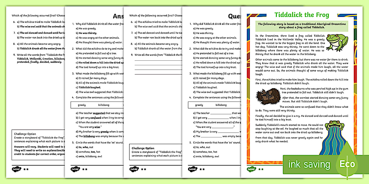 Black and White Tiddalick the Frog Differentiated Comprehension Challenge