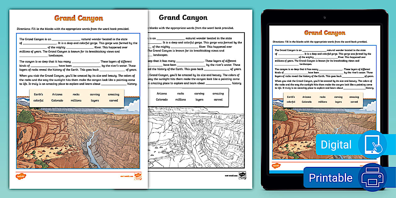Third Grade Grand Canyon Cloze Reading Worksheet - Twinkl