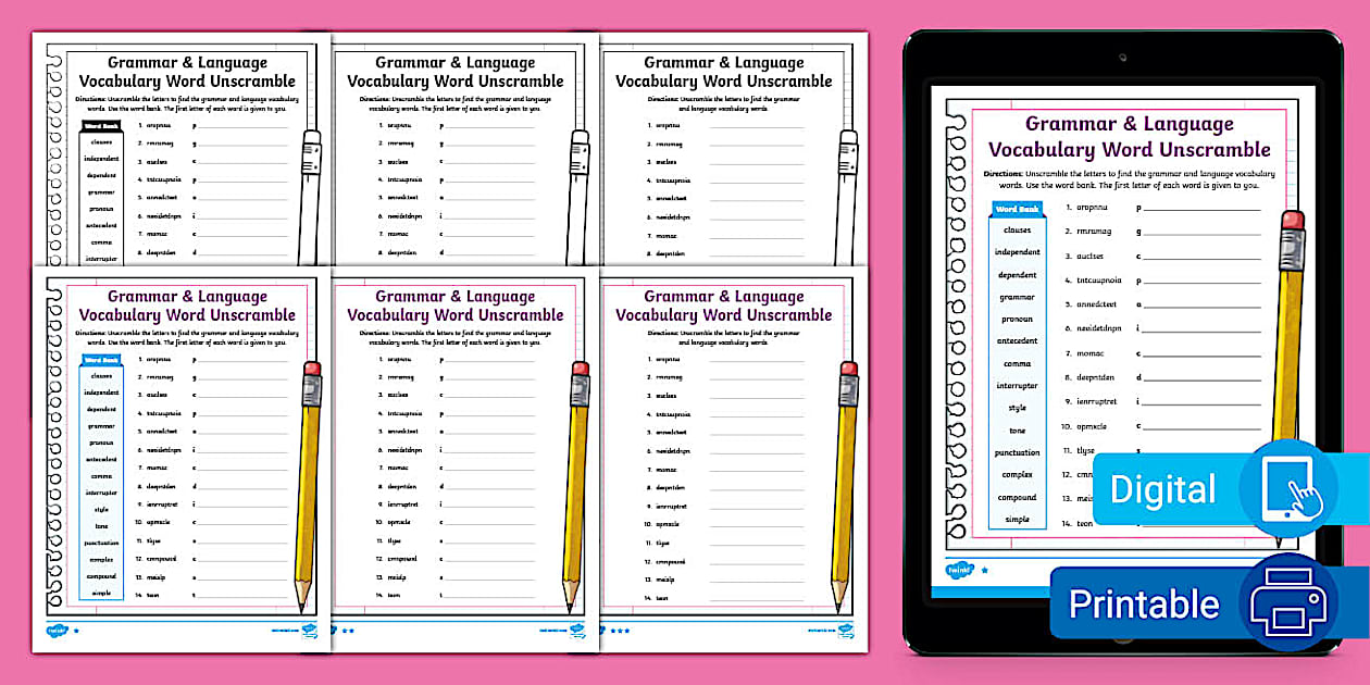 Sixth Grade Grammar & Language Vocabulary Word Unscramble