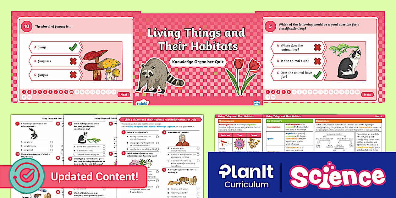 Y6 Living Things and Their Habitats Knowledge Organiser Quiz Pack
