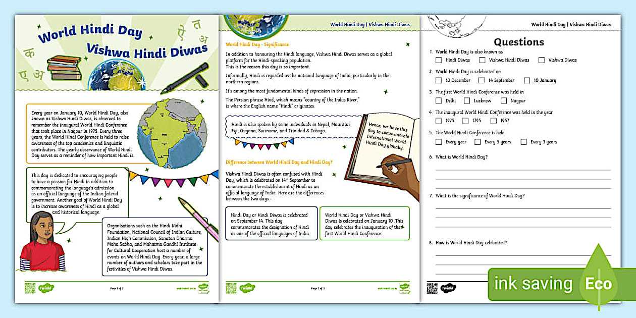 FREE! - Reading Comprehension - World Hindi Day - Twinkl
