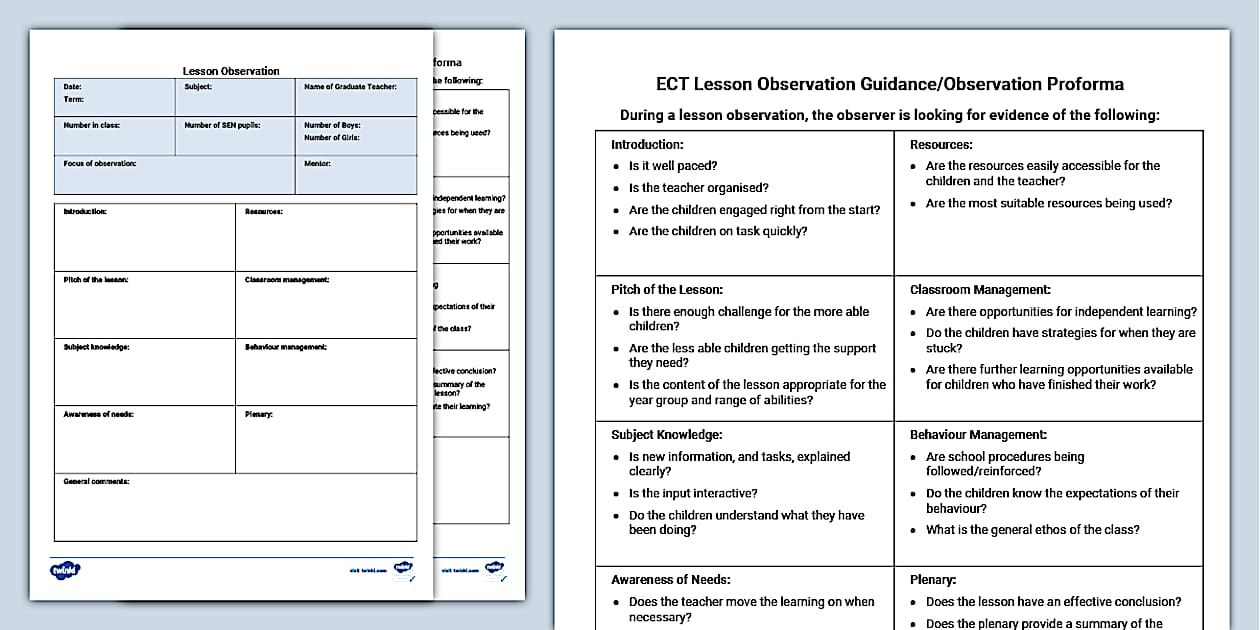 Teacher Observation Checklist - Trainee Teachers - Twinkl