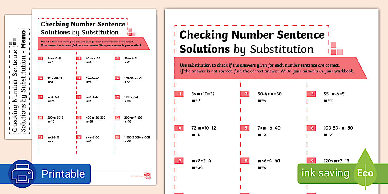 Checking Number Sentence Solutions by Substitution: Activity Sheet
