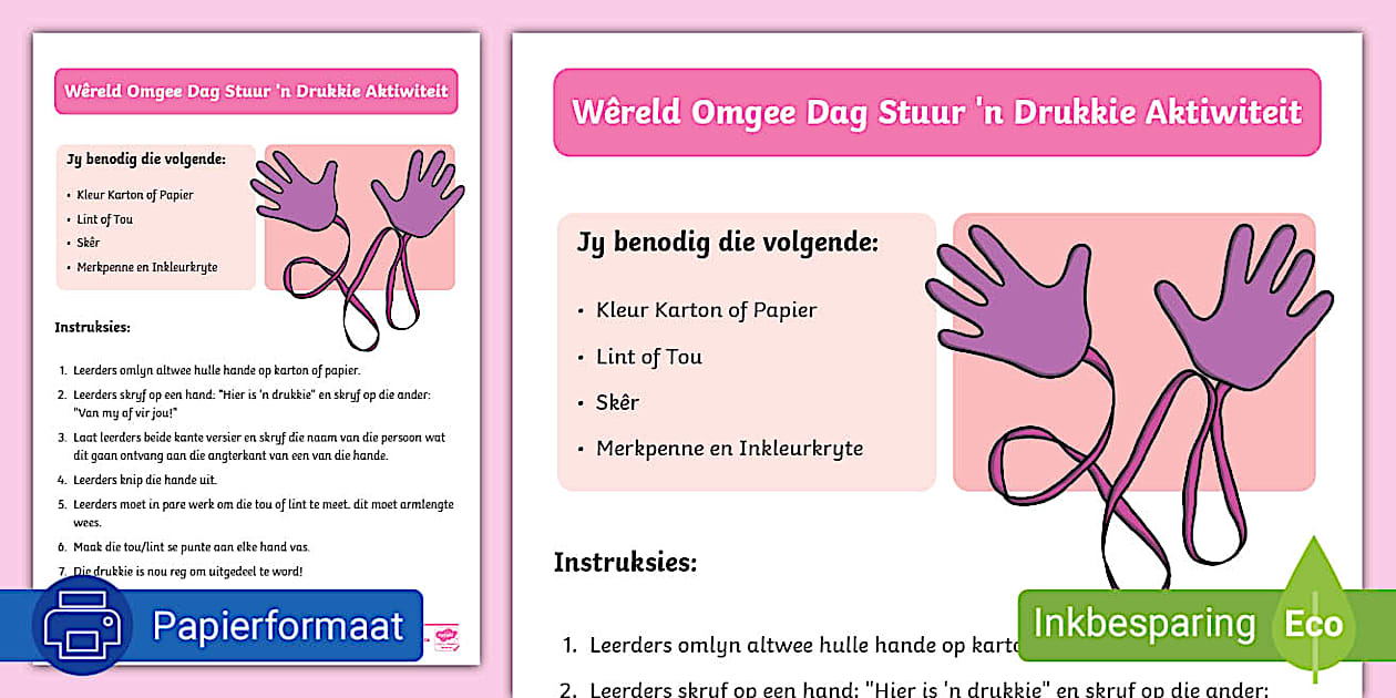 Wêreld Omgee Dag Stuur 'n Drukkie Aktiwiteit (Teacher-Made)