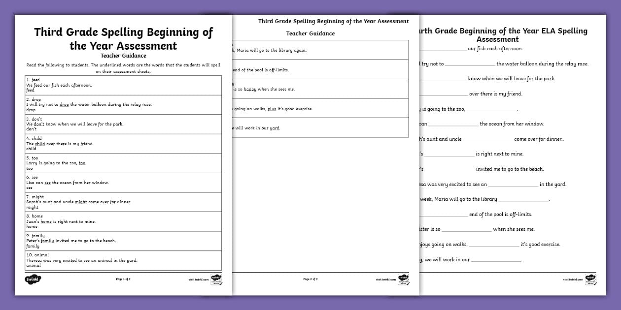 Third Grade Beginning of the Year ELA Spelling Assessment