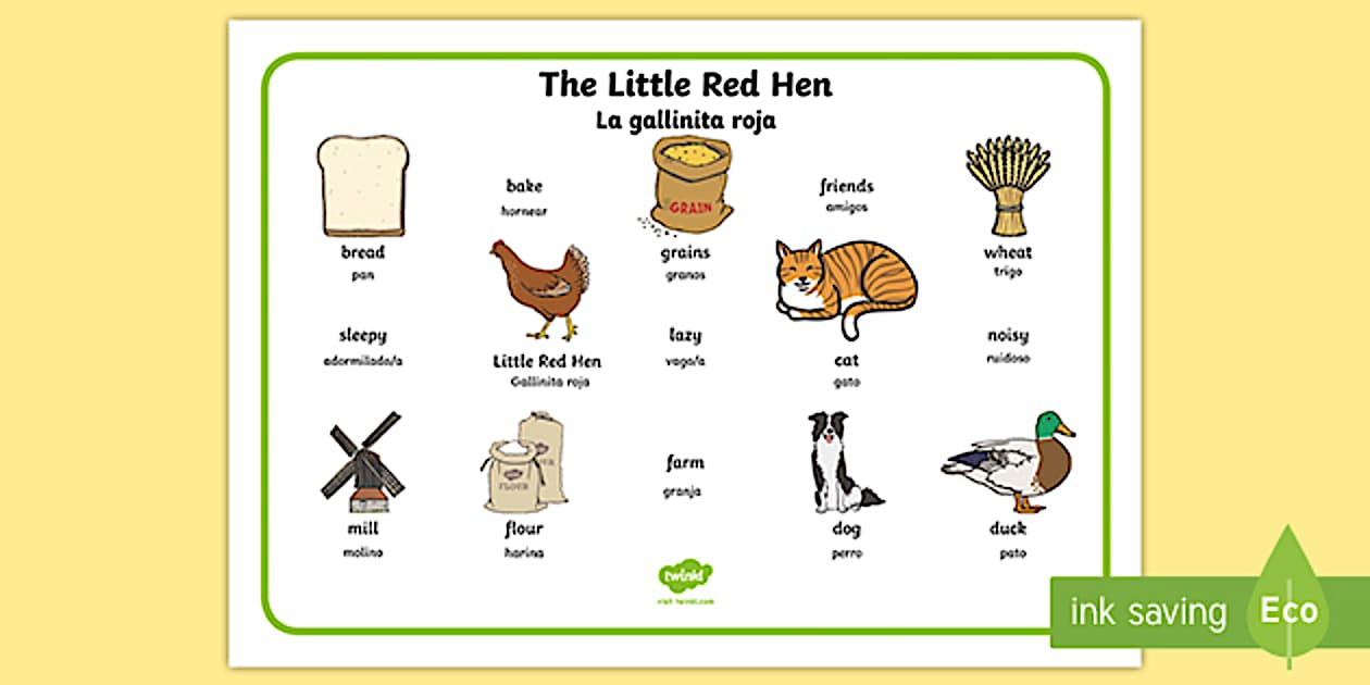 Little Red Hen Word Mat English/Spanish - Twinkl