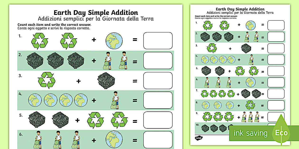 Earth Day Simple Addition Worksheet / Worksheet English/Italian