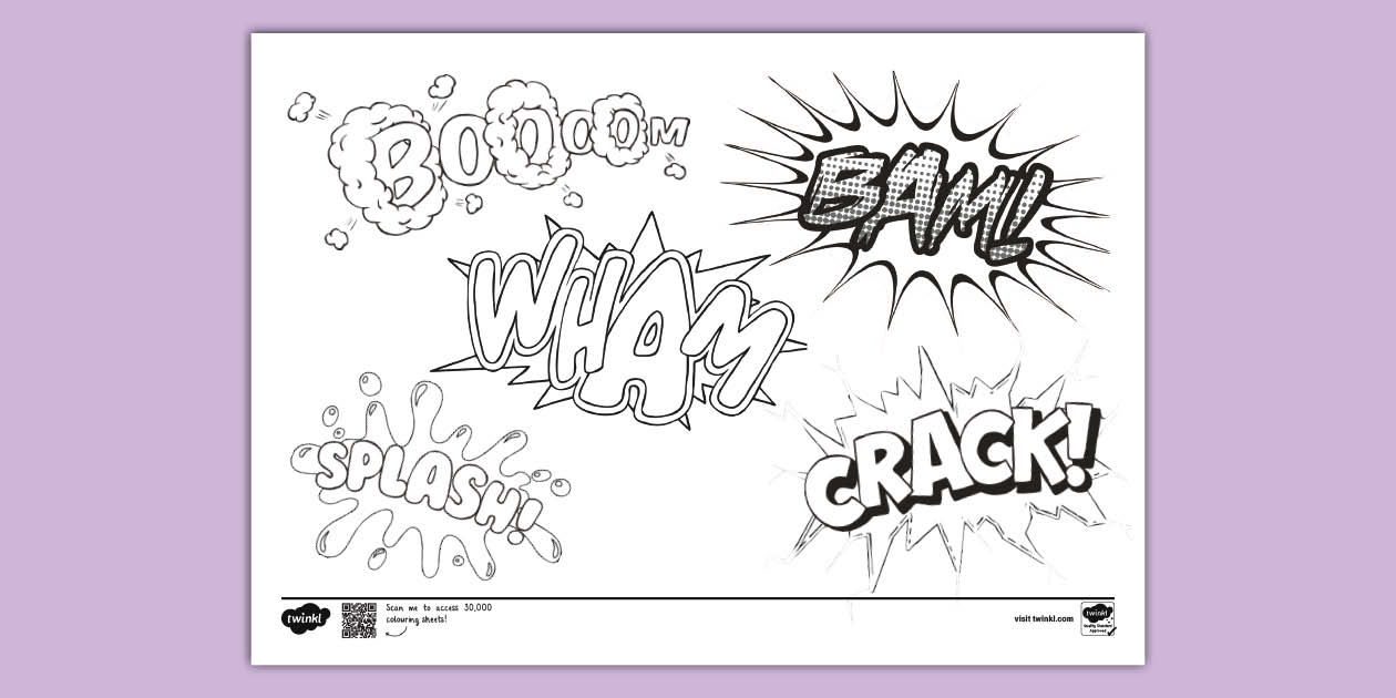 Comic Text Colouring Sheet | Boom! Bam! Splash! Wham! Twinkl