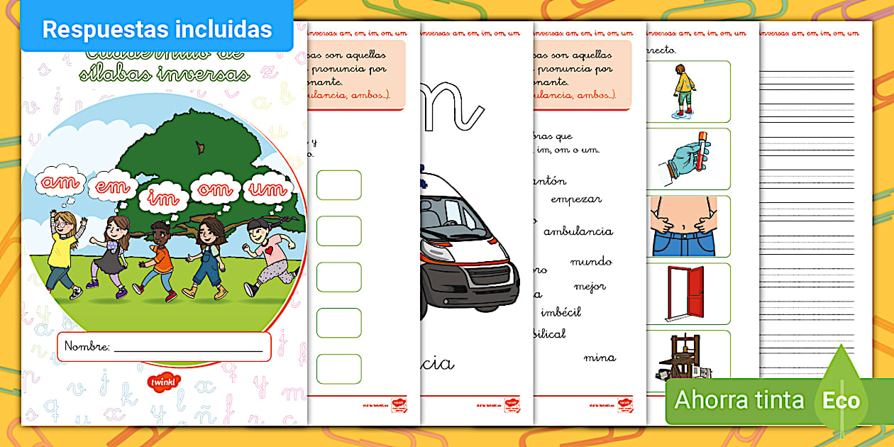 Cuadernillo: Sílabas inversas AM, EM, IM, OM, UM - Twinkl