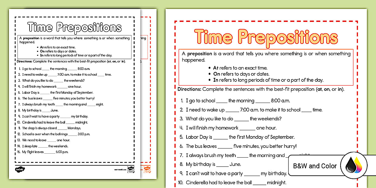 Second Grade Time Prepositions Worksheet (teacher made)