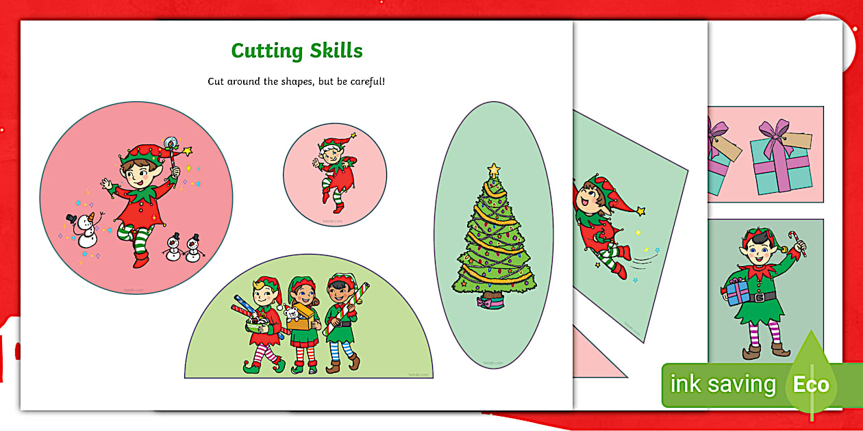 Black and White Elf Themed Cutting Skills Worksheet - Twinkl