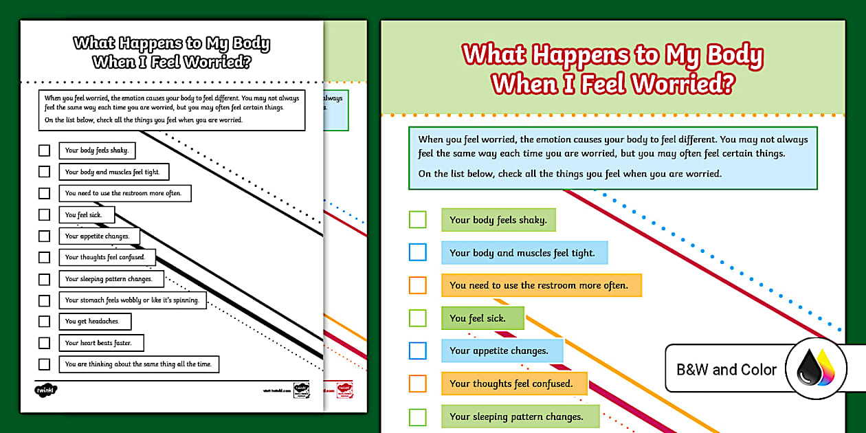 What Happens to My Body When I Feel Worried? Worksheet for 3rd-5th Grade