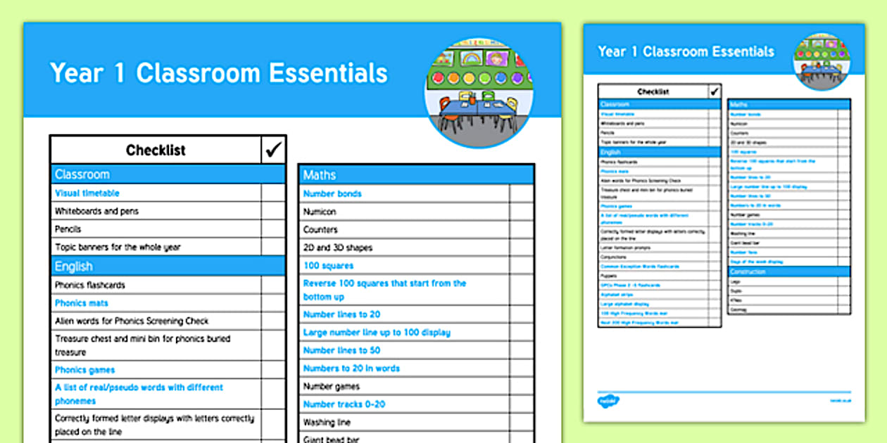 Year 1 Classroom Essentials Checklist (teacher made)