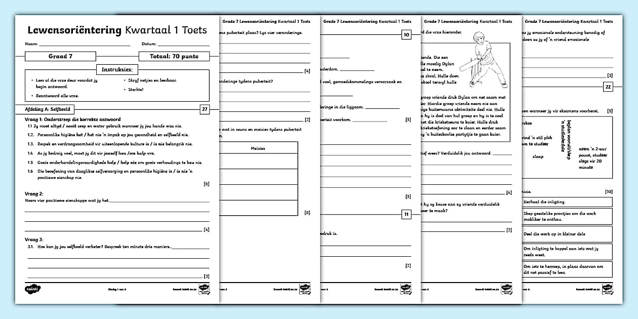 Graad 7: Lewensoriëntering Kwartaal 1 Toets / Taak - Twinkl