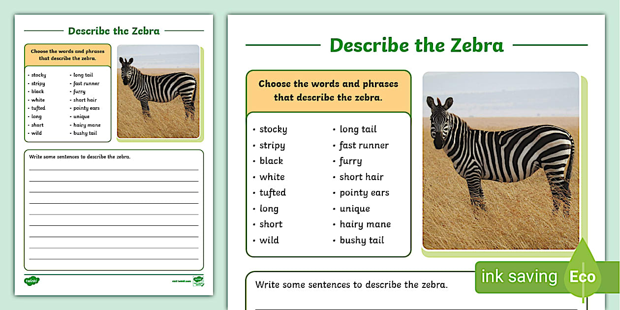 Describe the Zebra Writing Worksheet,zebra,zebras