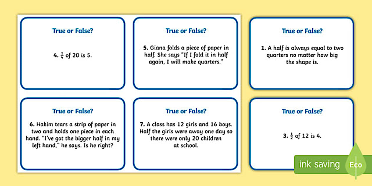 Year 1 Fractions True or False? Challenge Cards - Twinkl