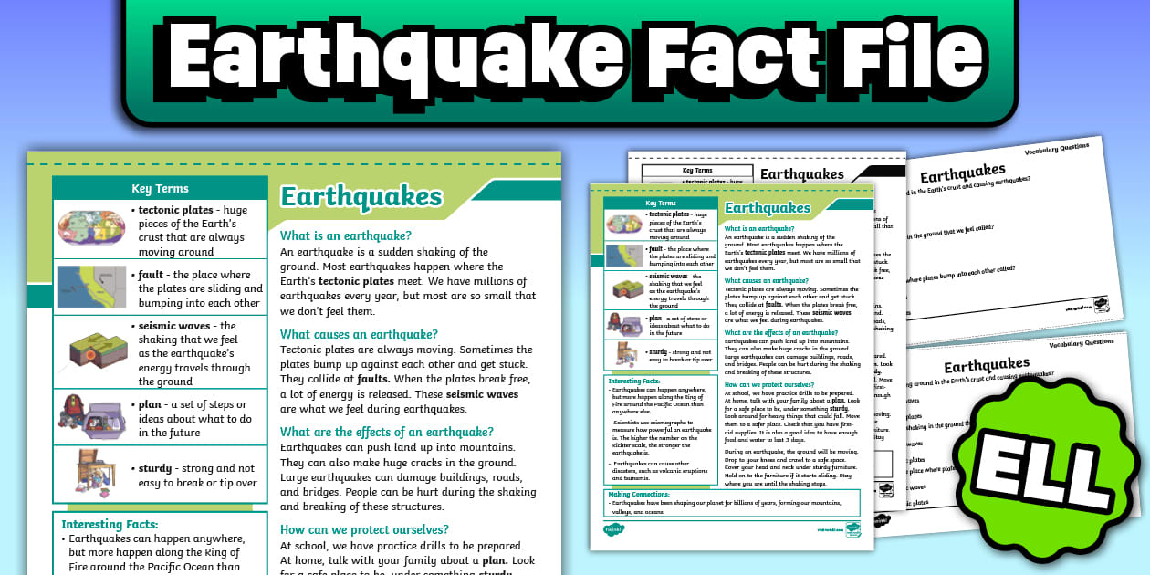 Earthquakes | Natural Disasters Fact File and Vocabulary Questions for ELL