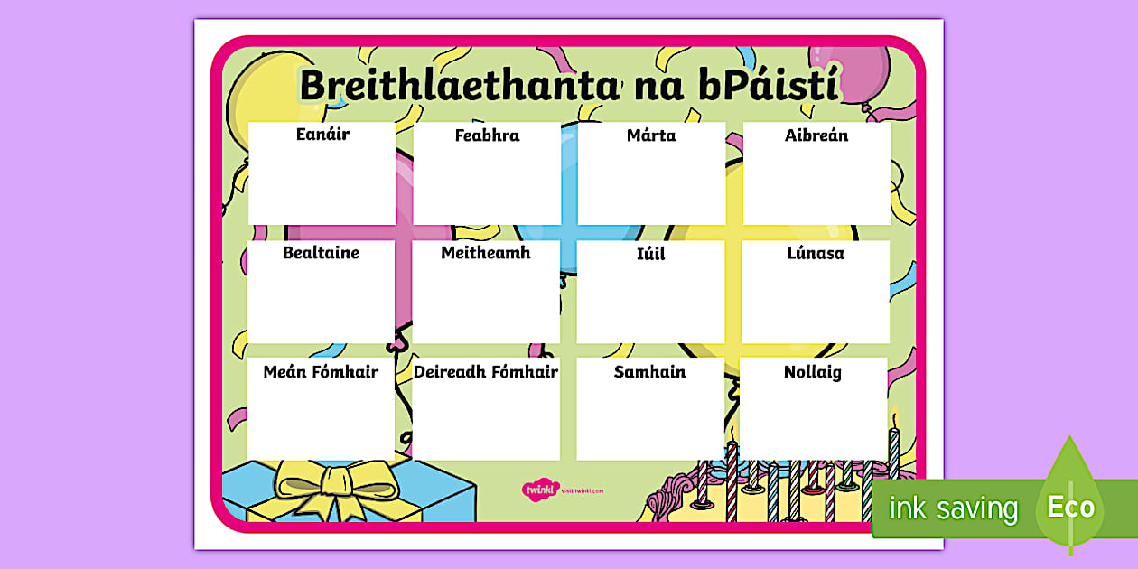 Editable Pupil Birthdays A4 Display Poster Gaeilge - Twinkl