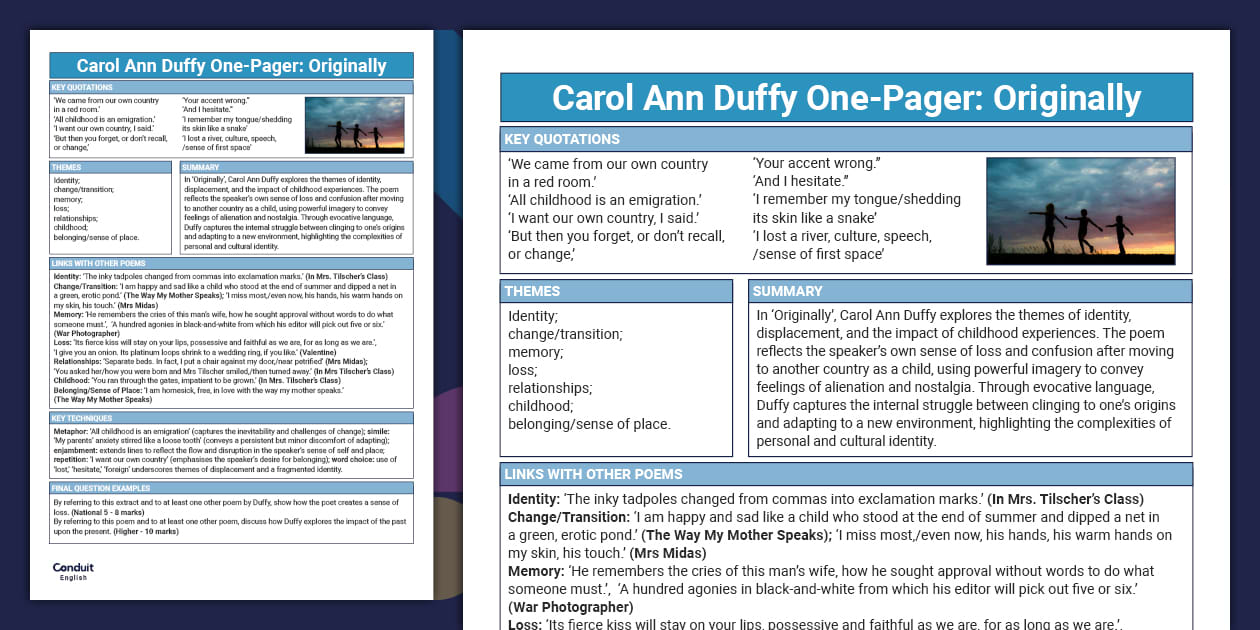 Carol Ann Duffy One-Pager: Originally (professor feito)