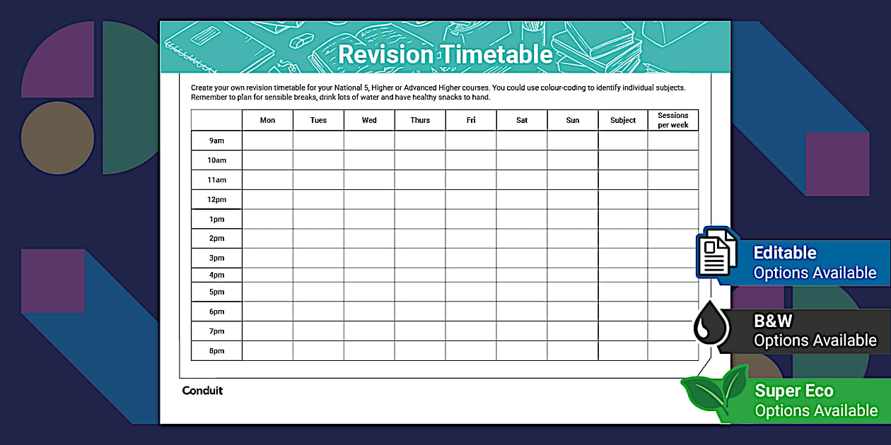 Scotland Senior Phase Revision Timetable Template - Twinkl