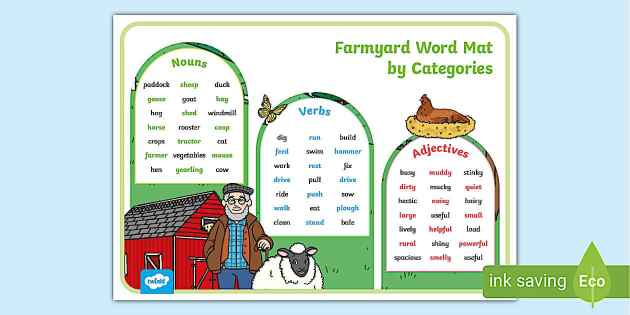 Farmyard Word Mat by Categories (teacher made) - Twinkl
