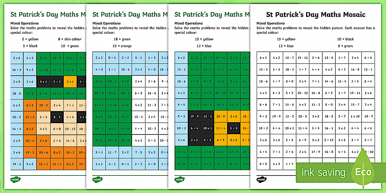 St Patrick's Day Mixed Operation Maths Mosaic Worksheets