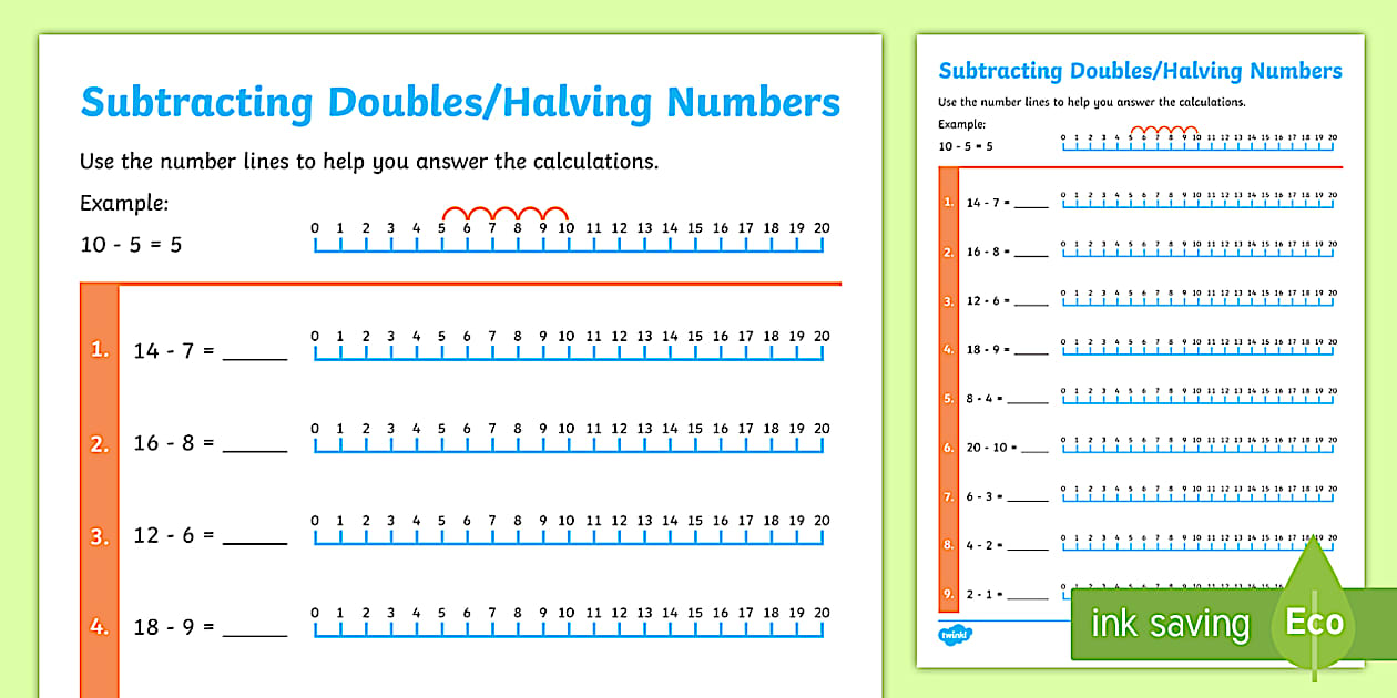 Subtracting Doubles/Halving Numbers Number Line Worksheet / Worksheet
