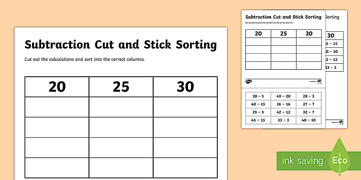 Editable 20, 25, 30 Subtraction Cut and Stick Activity