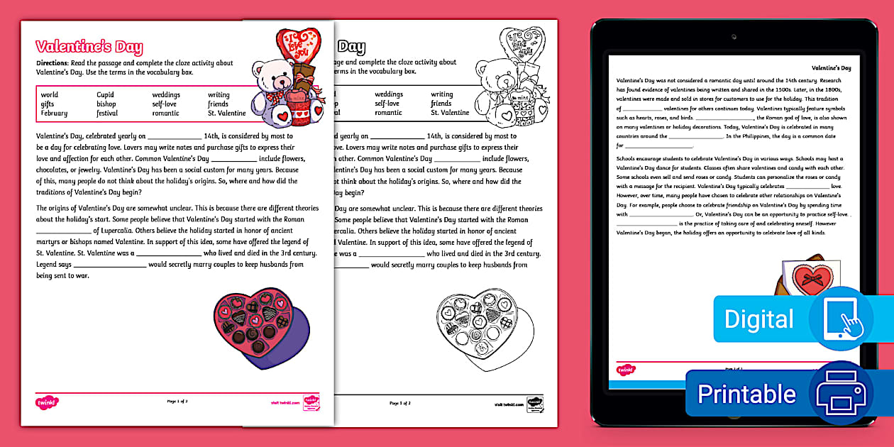 Sixth Grade Valentine’s Day Cloze Reading Activity
