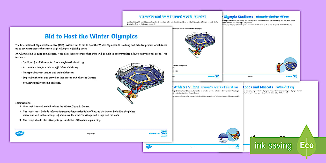 KS2 Winter Olympics Host City Bid Writing Activity Pack English/Hindi