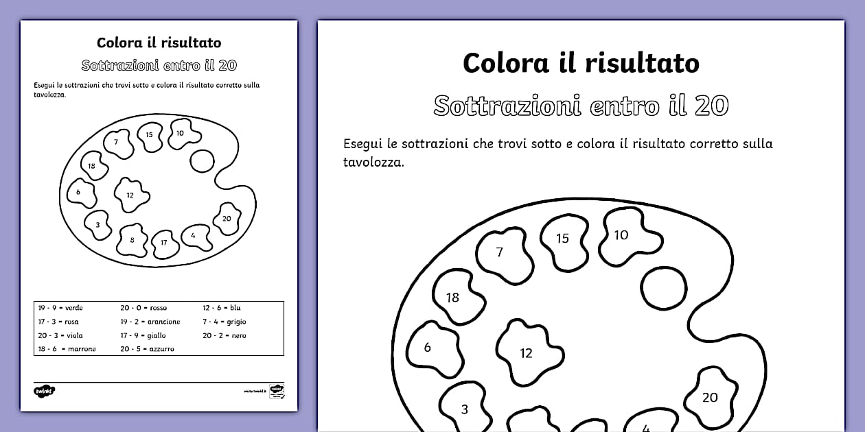 Colora il risultato - Sottrazioni entro il 20 - Twinkl