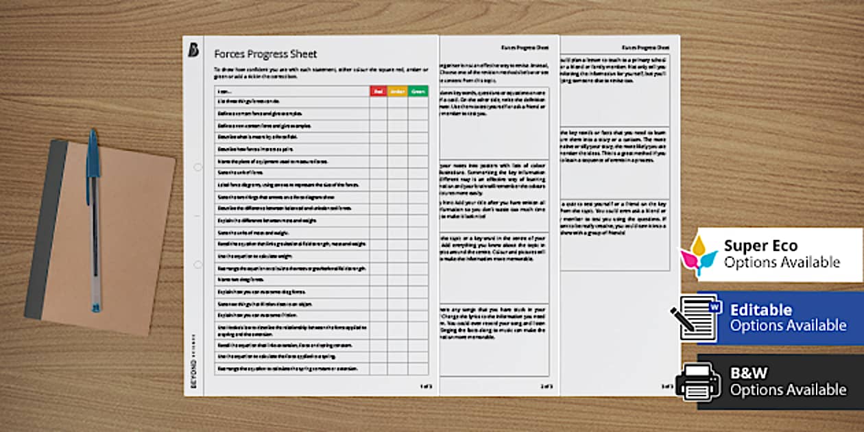 Forces Progress Sheet | KS3 Science | Beyond - Twinkl