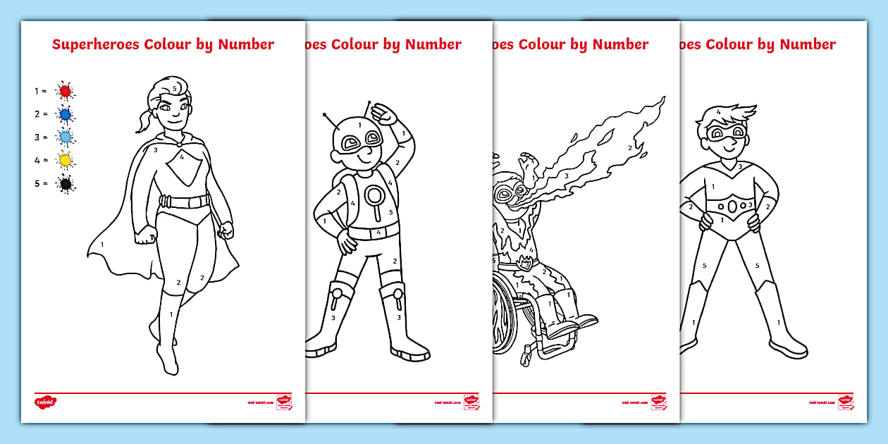 EYFS Superheroes Colour by Number Activity Sheets - Twinkl
