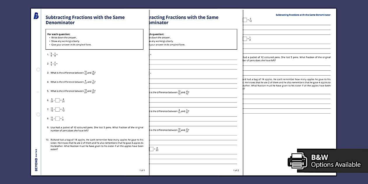 Subtracting Fractions With A Like Denominator Worksheet Ks3