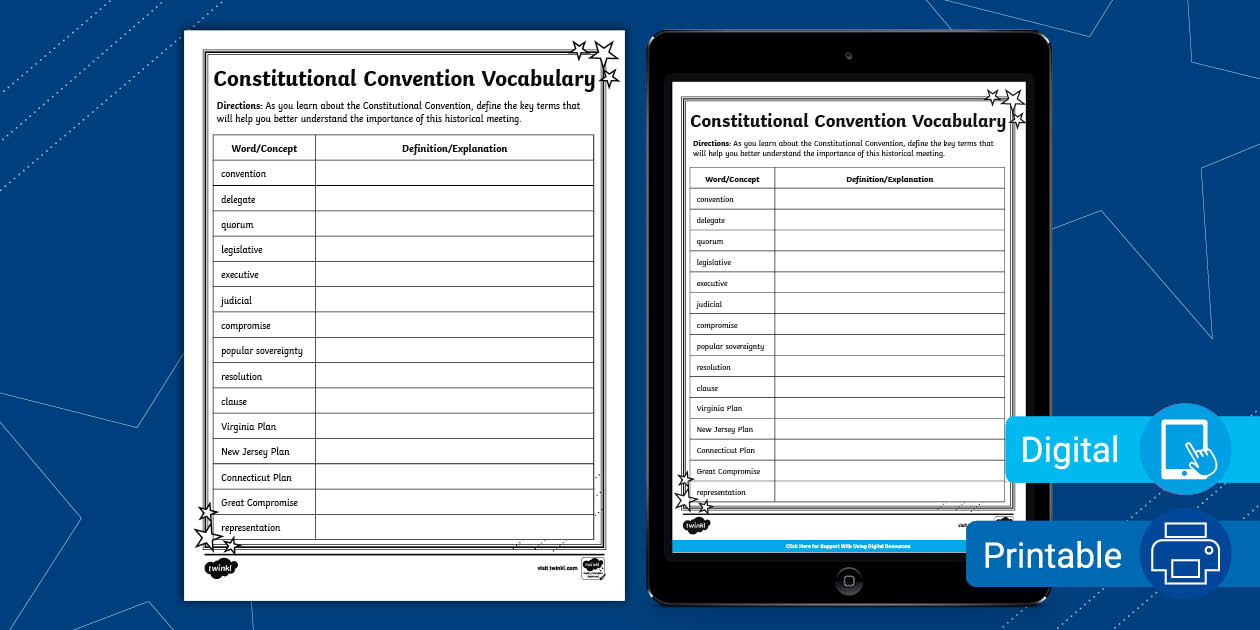 Constitutional Convention Vocabulary Worksheet for 6th-8th Grade