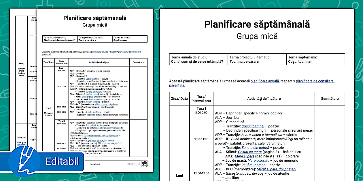 Coșul toamnei – Model de planificare săptămânală grupa mică