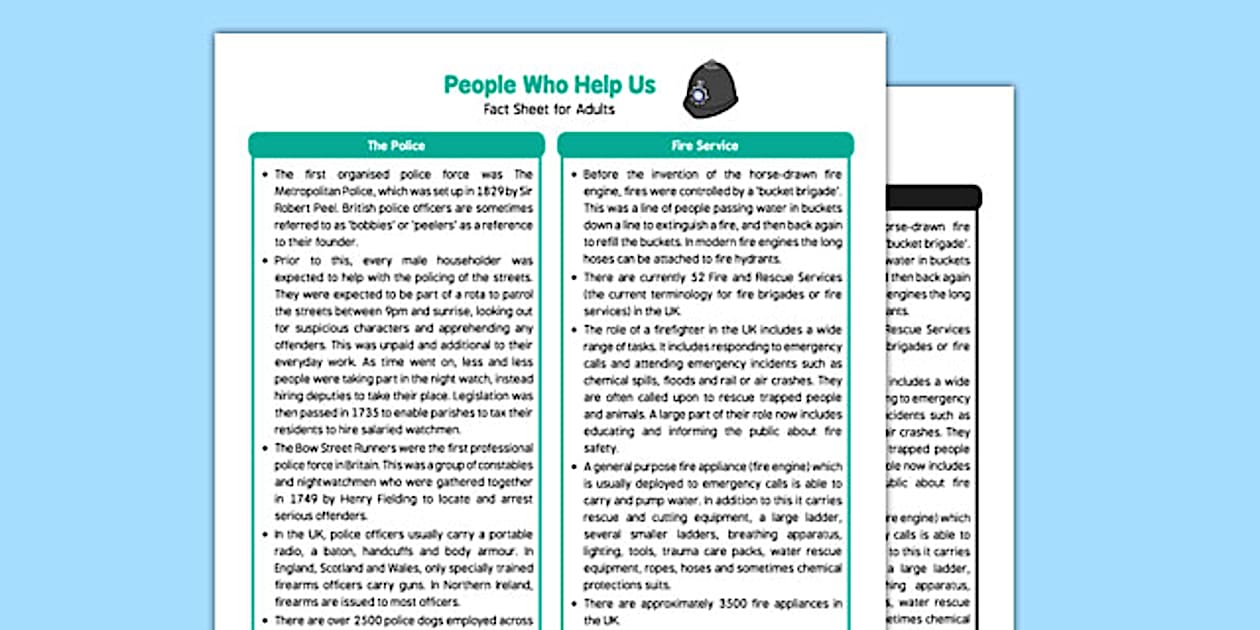 EYFS People Who Help Us Fact Sheet for Adults (teacher made)