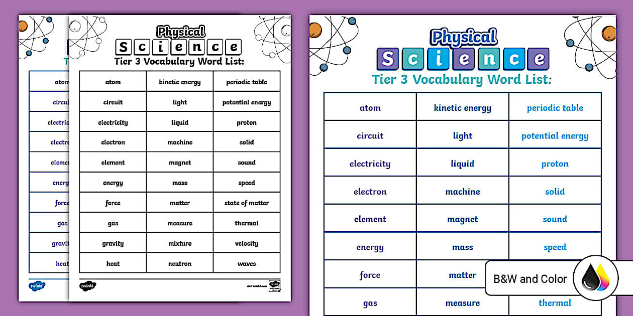 Tier 3 Vocabulary Word List: Physical Science for 3rd-5th