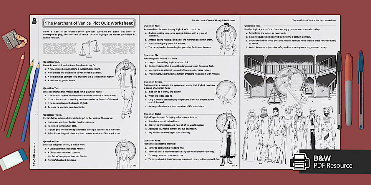 'The Merchant of Venice' Plot Quiz Worksheet (teacher made)