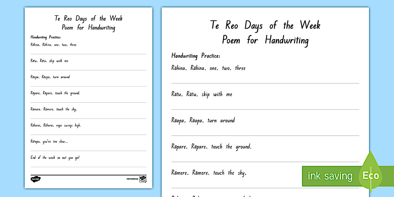 Days of the Week in Te Reo Handwriting Activity - English / Te Reo Maori