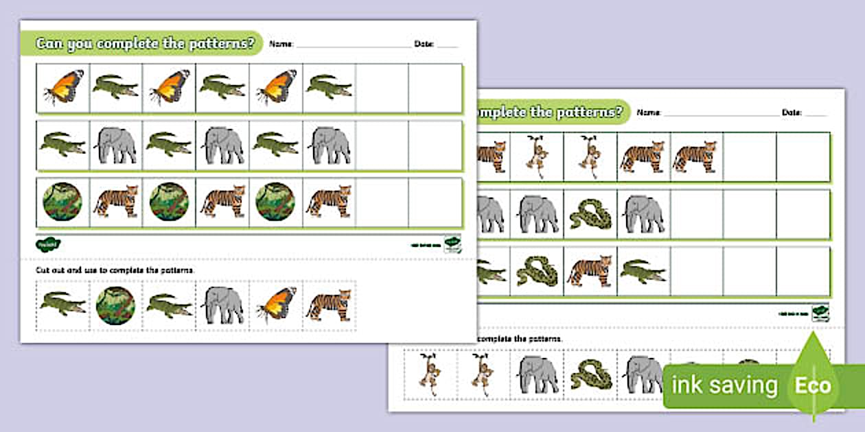 Jungle Themed Complete the Pattern Worksheet Differentiated