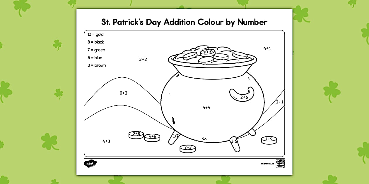 St. Patrick's Day Addition Colour by Numbers - Twinkl