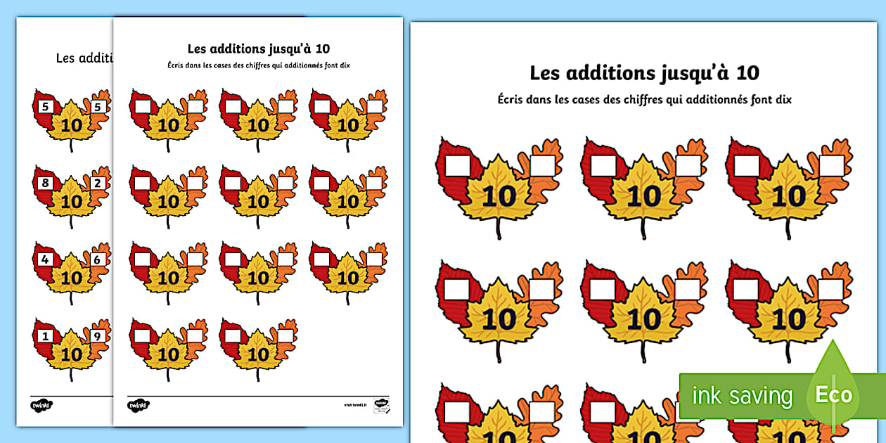 Feuille d'activité sur le thème de l'automne : les additions jusqu'à dix