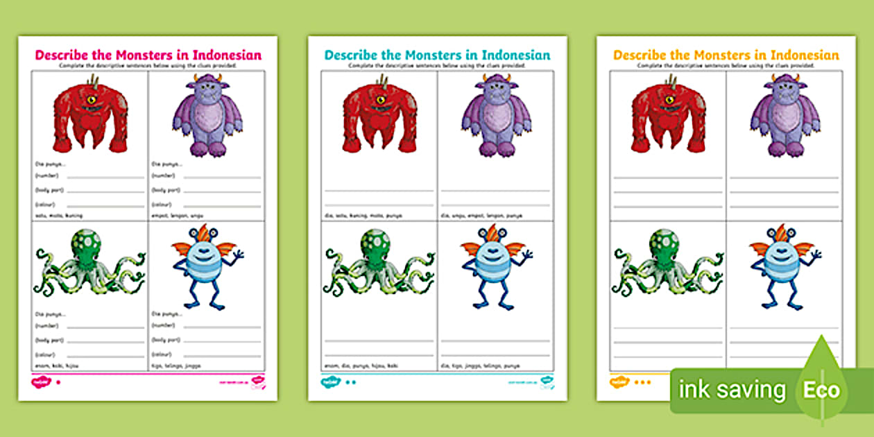Describing Monsters Writing Worksheet Indonesian - Twinkl