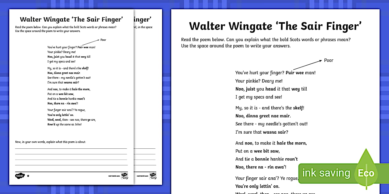 Walter Wingate: The Sair Finger Poem Activity Sheet - Twinkl