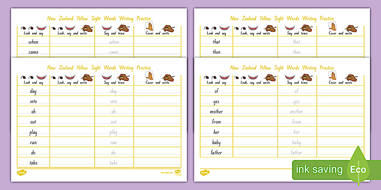 New Zealand Yellow Sight Words Writing Practice - Twinkl