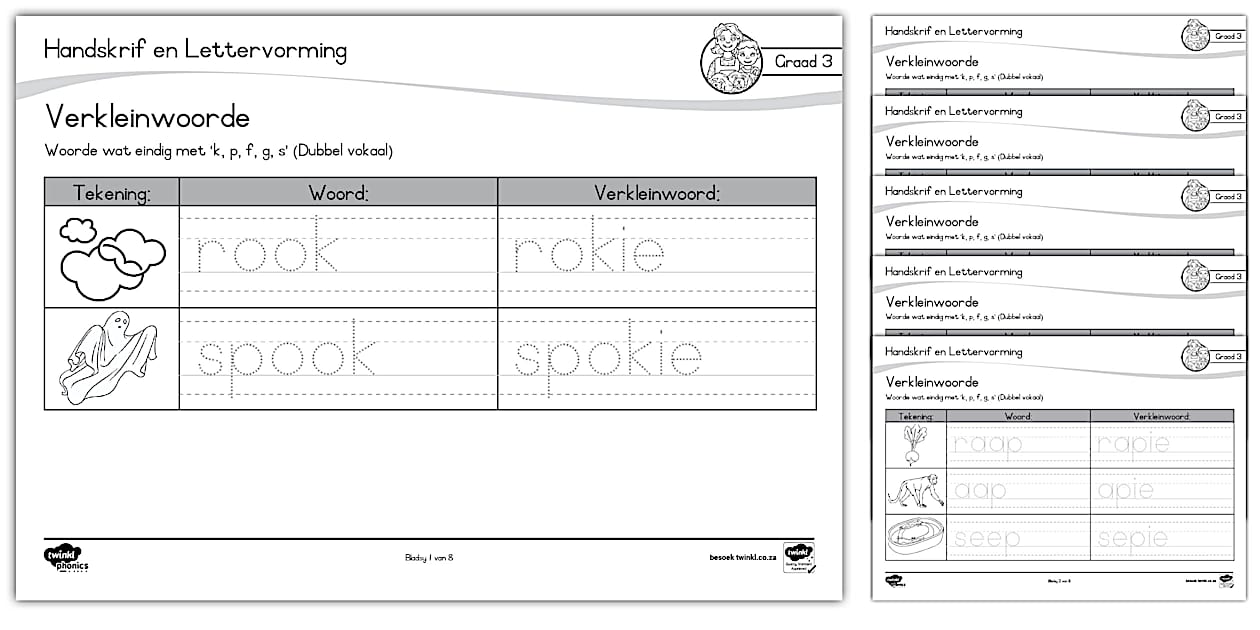 Graad 3 Klanke Handskrif verkleinwoorde 'k,p,f,g,s' dubbel vokaal