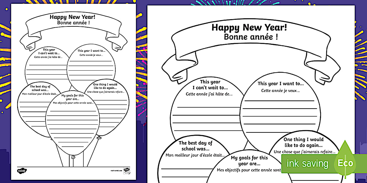 Happy New Year Worksheet / Worksheet English/French - Twinkl