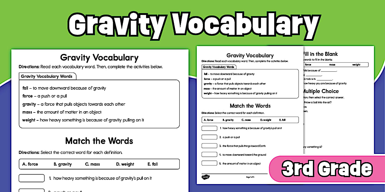Third Grade Gravity Vocabulary Worksheet