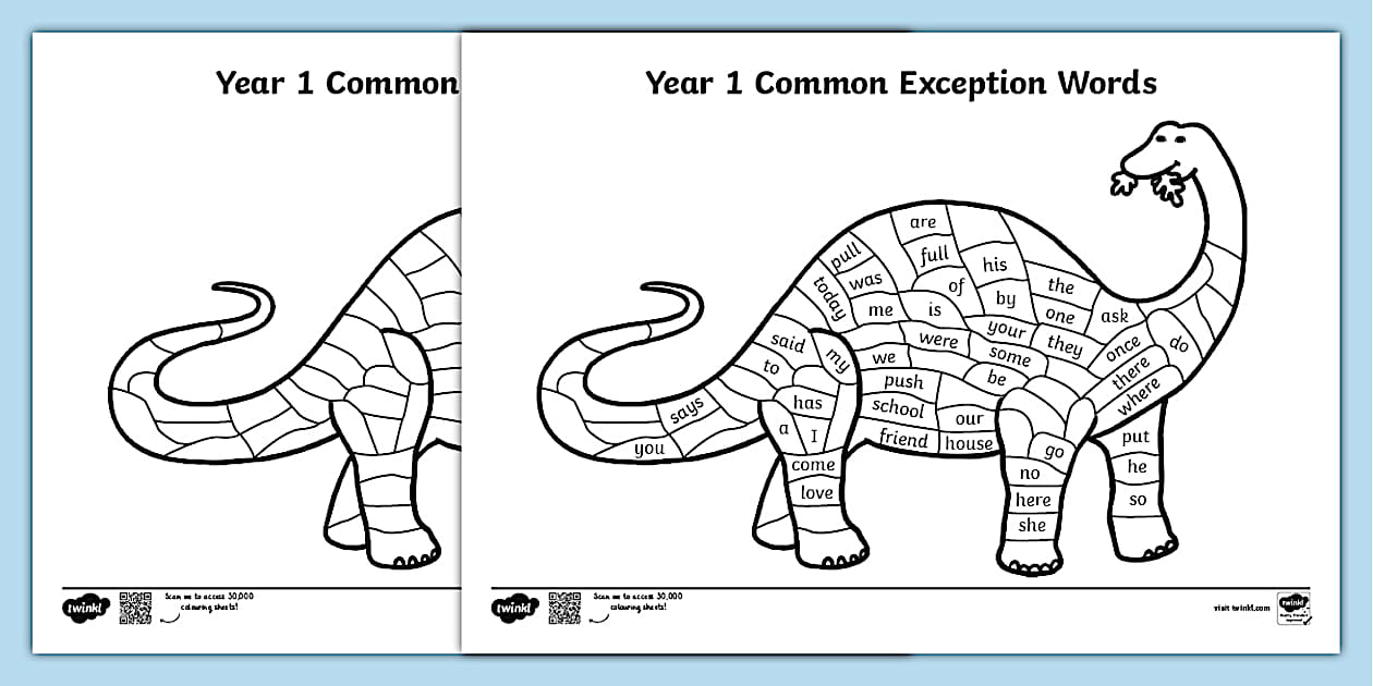 Dinosaur Colouring | Year 1 Common Exception Words Worksheet